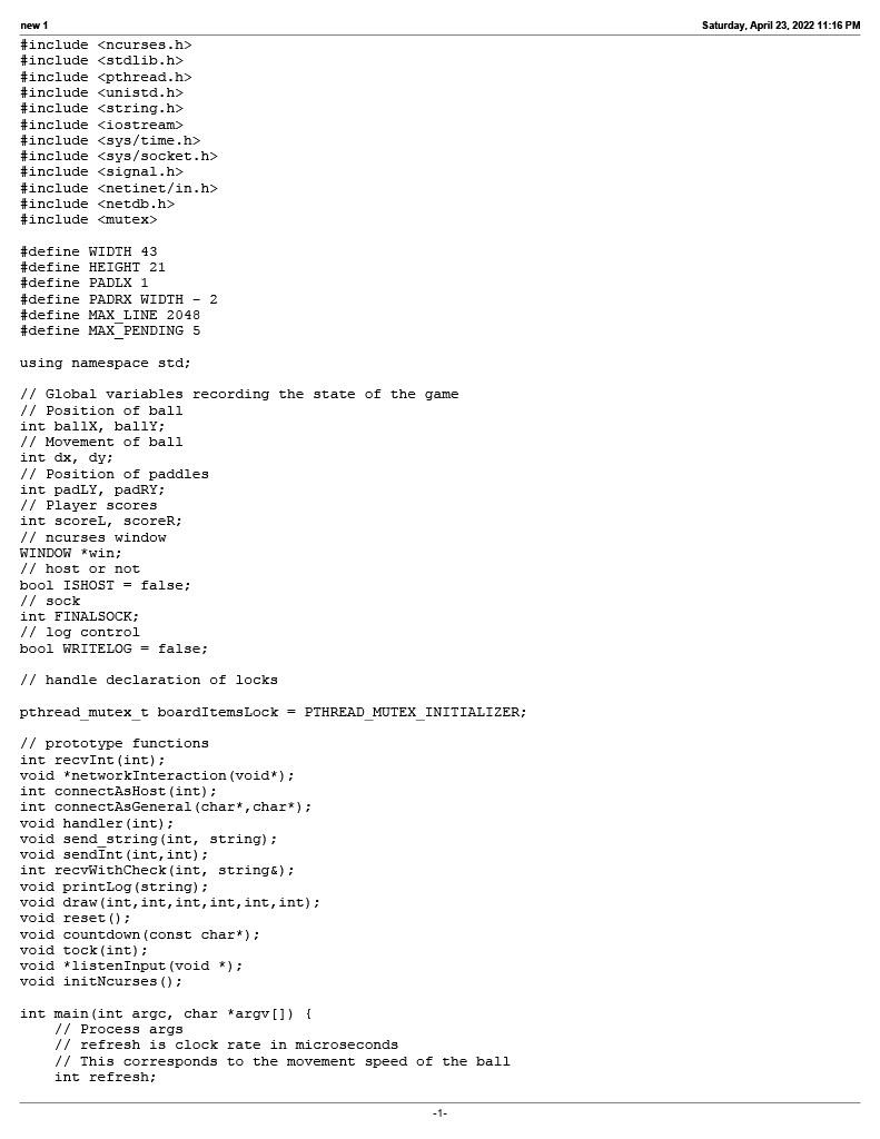 Solved Below is a 2 player ping pong game that works over a | Chegg.com