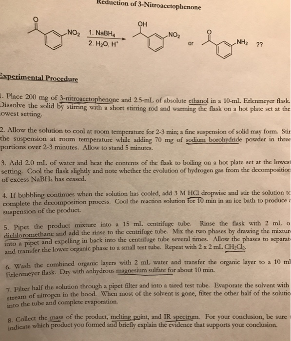 Solved Reduction of 3-Nitroacetophenone NO NH2 ?? 2. НОН' or | Chegg.com