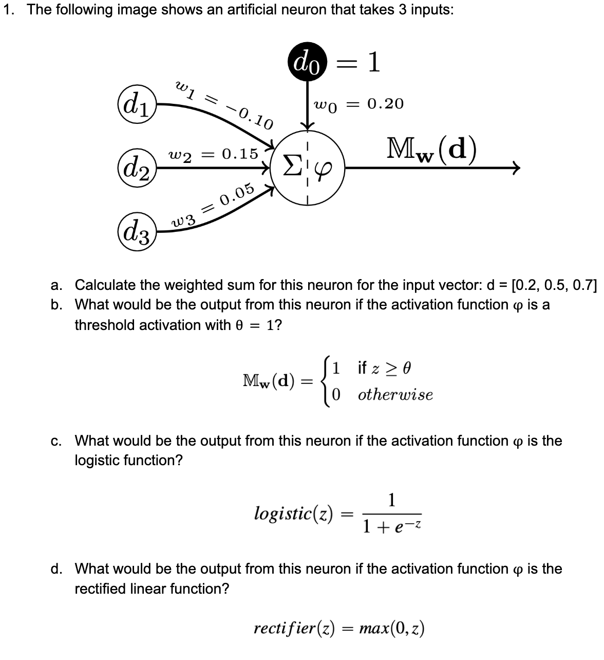 Solved 1. The following image shows an artificial neuron | Chegg.com