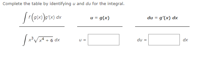 Solved Complete the table by identifying u and du for the | Chegg.com