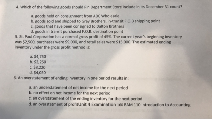 Solved 4. Which of the following goods should Pin Department | Chegg.com