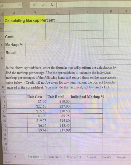 Solved 12 1 Calculating Markup Percent 3 Cost 4 Markup % 5 | Chegg.com