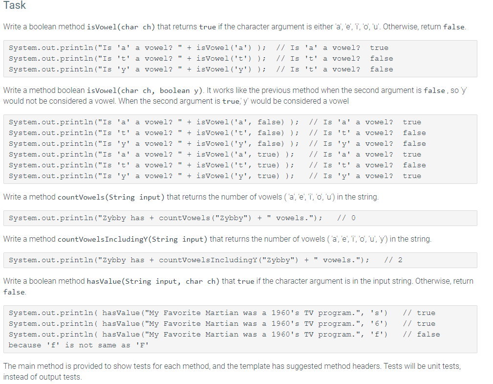 Solved Task Write a boolean method isVowel(char ch) that | Chegg.com