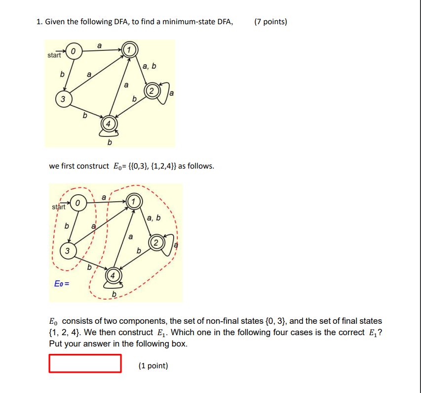 Solved 1. Given the following DFA, to find a minimum-state | Chegg.com