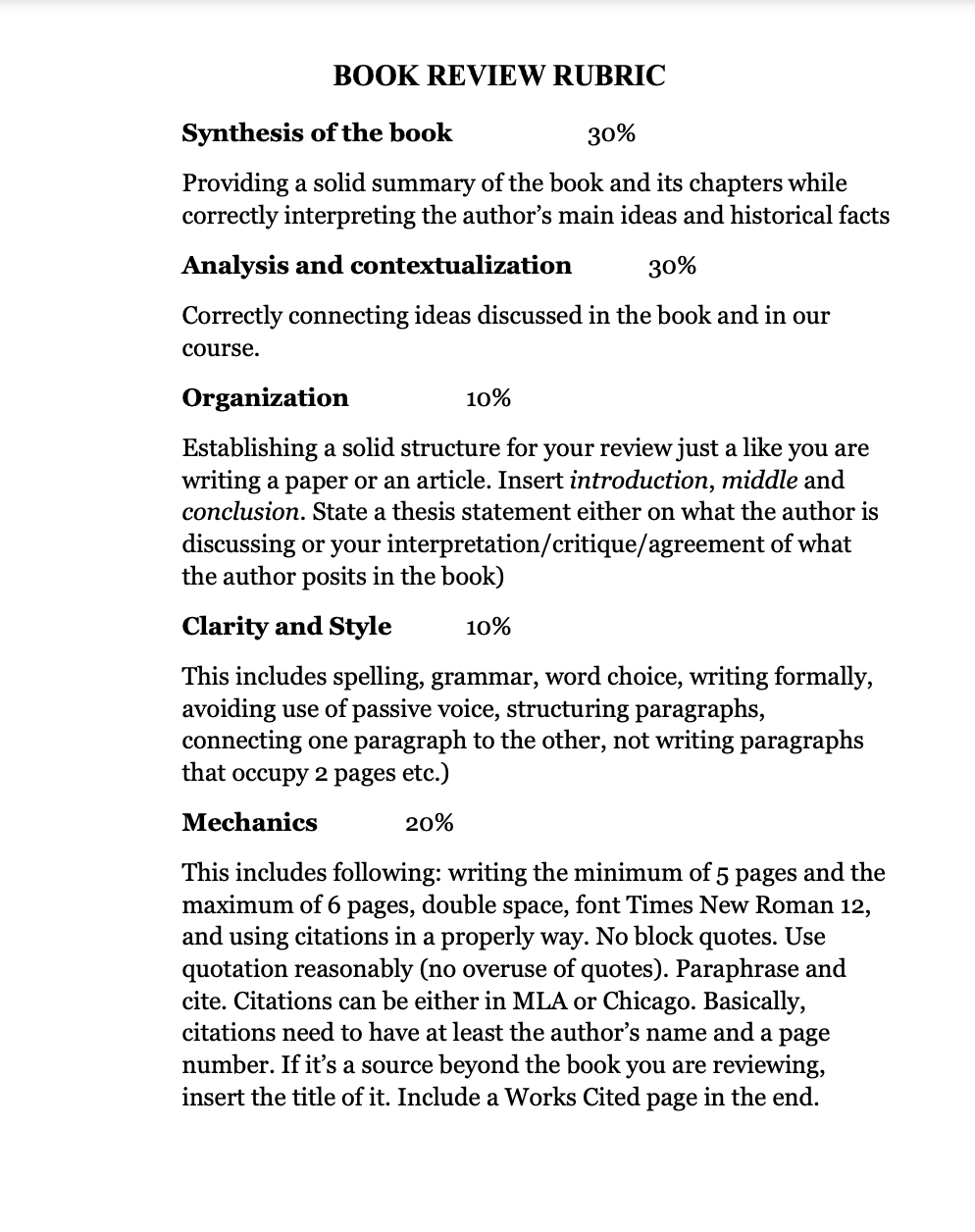 BOOK REVIEW RUBRIC Synthesis of the book 30% | Chegg.com