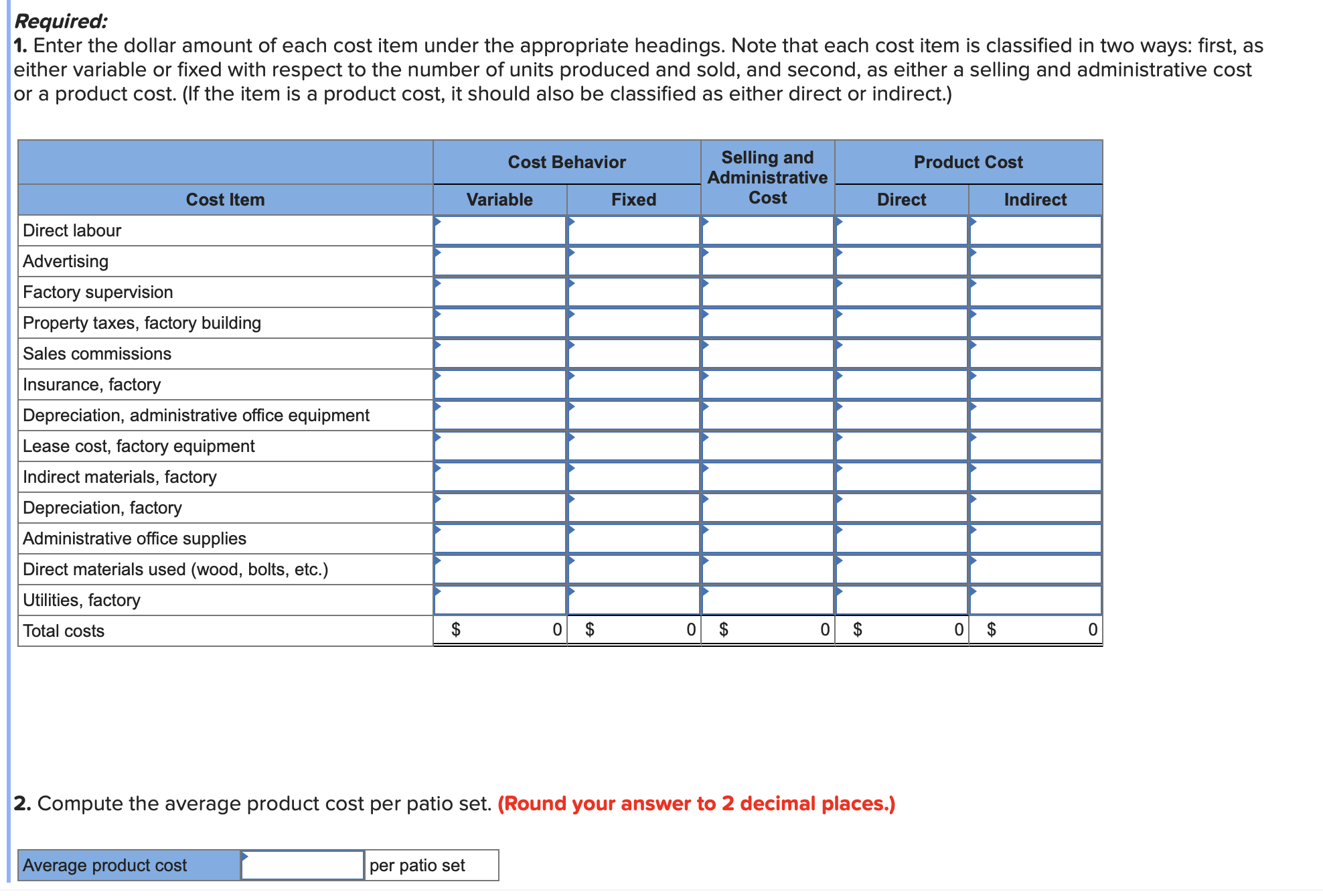 Solved Required: 1. Enter the dollar amount of each cost | Chegg.com