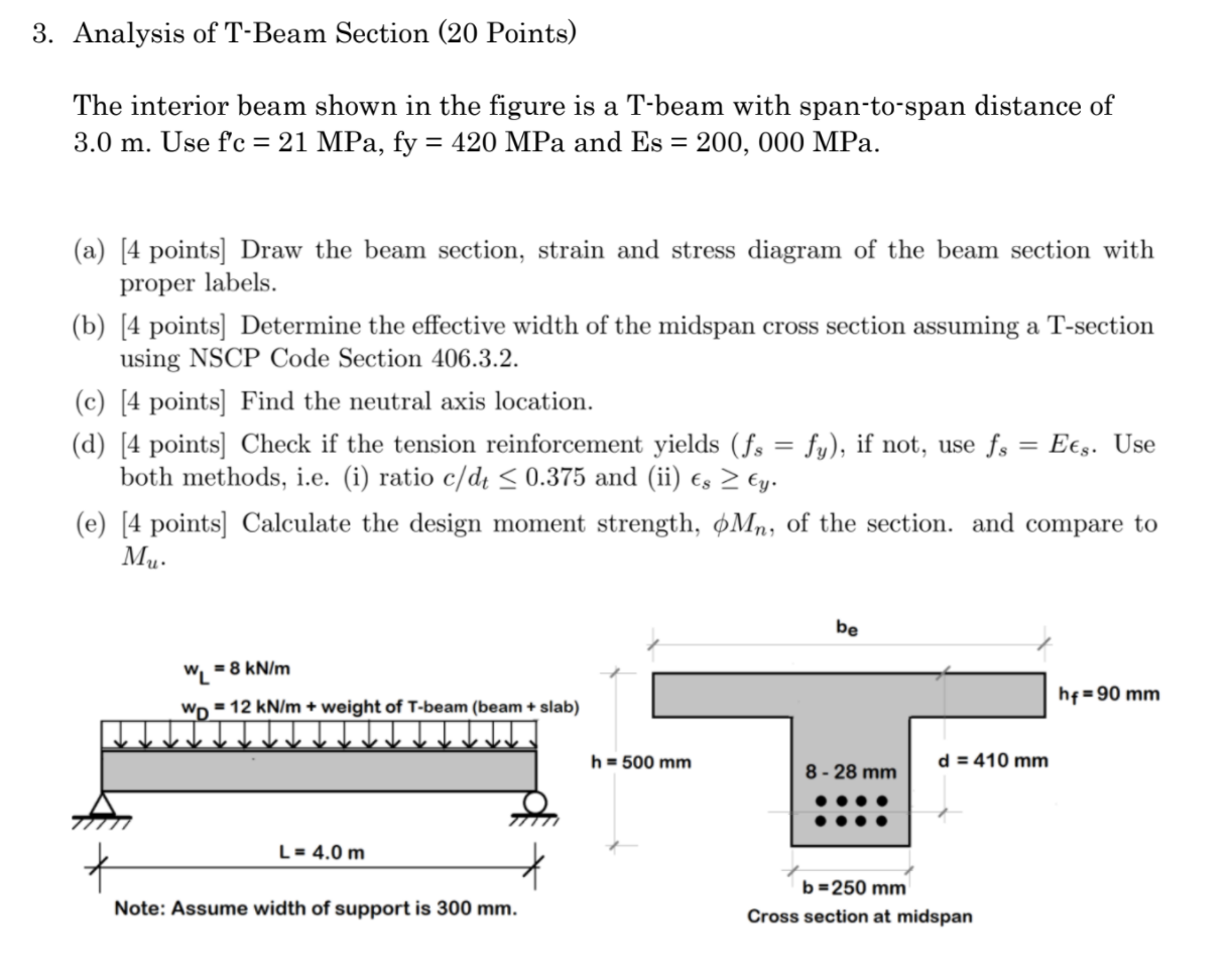 Solved 3. Analysis of T-Beam Section (20 Points) The | Chegg.com