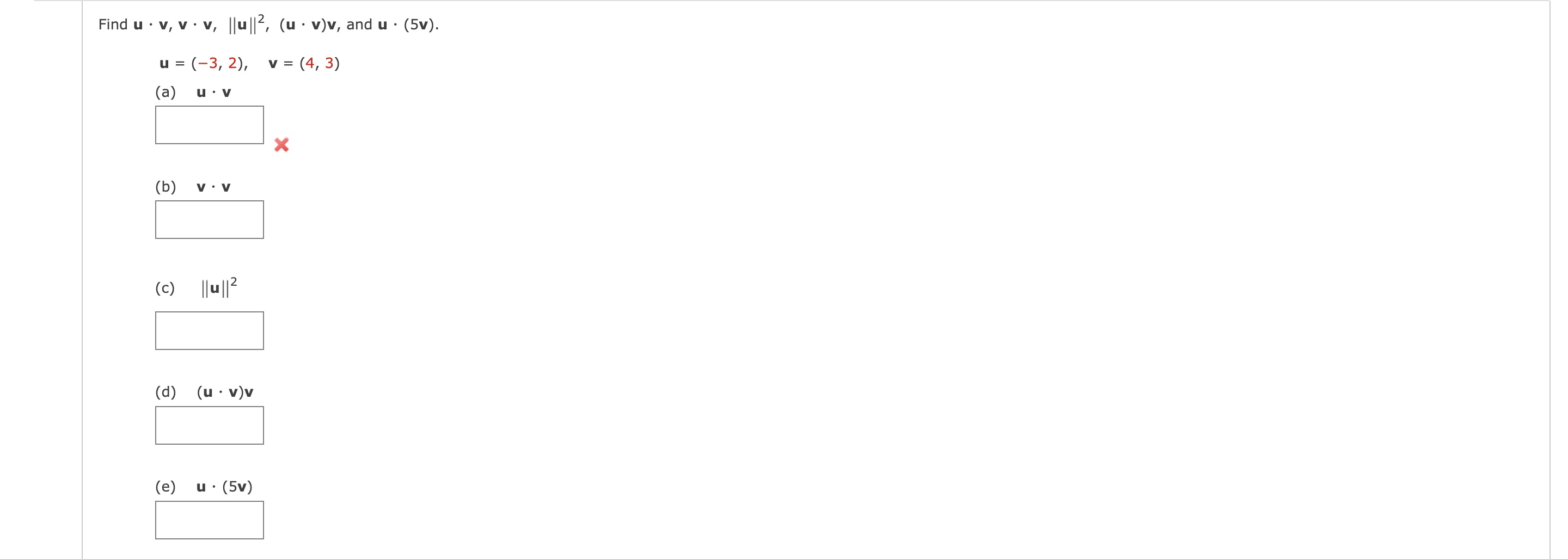 Solved Find u⋅v,v⋅v,∥u∥2,(u⋅v)v, and u⋅(5v). | Chegg.com