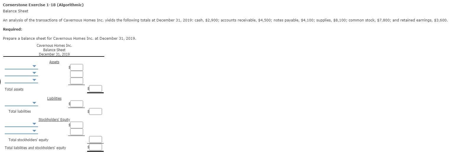 Solved Cornerstone Exercise 1-18 (Algorithmic) Balance Sheet | Chegg.com