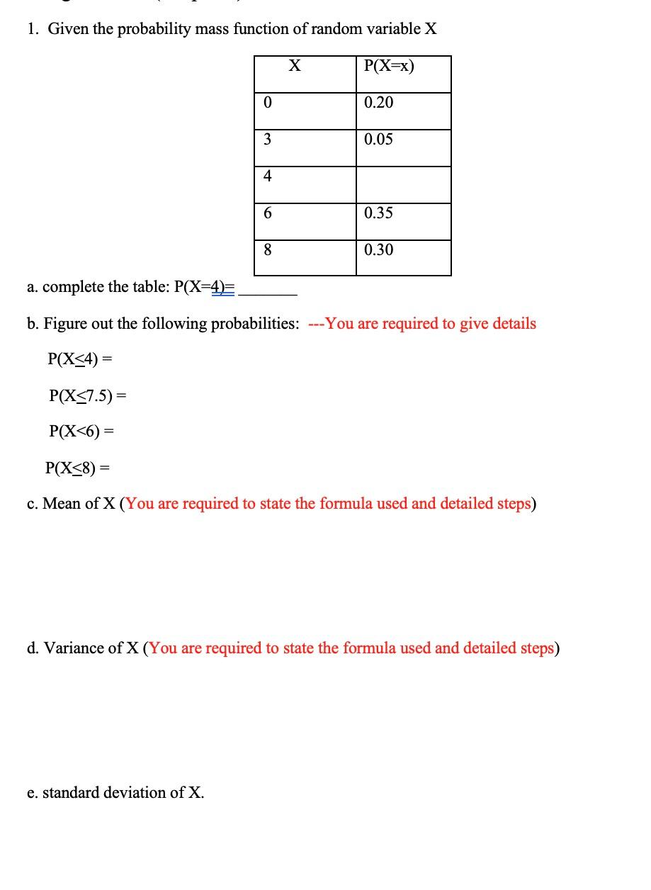 Solved 1. Given the probability mass function of random | Chegg.com