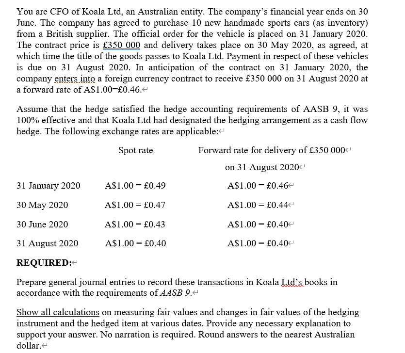 You are CFO of Koala Ltd, an Australian entity. The | Chegg.com