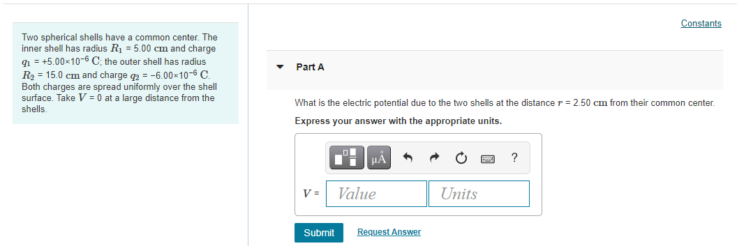 Solved Constants Part A Two spherical shells have a common | Chegg.com