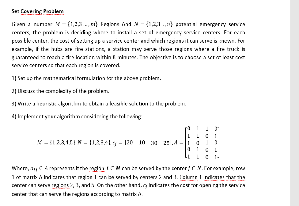 Solved Set Covering Problem Given a number M={1,2,3…,m} | Chegg.com