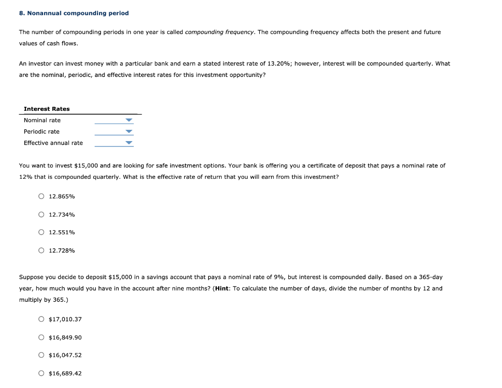 Solved 8. Nonannual compounding period The number of | Chegg.com Solved 8. Nonannual compounding period The number of | Chegg.com