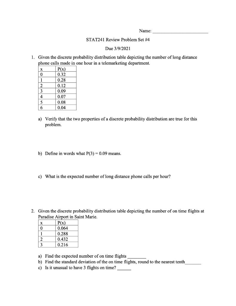 Solved Name: STAT241 Review Problem Set #4 Due 3/9/2021 1. | Chegg.com