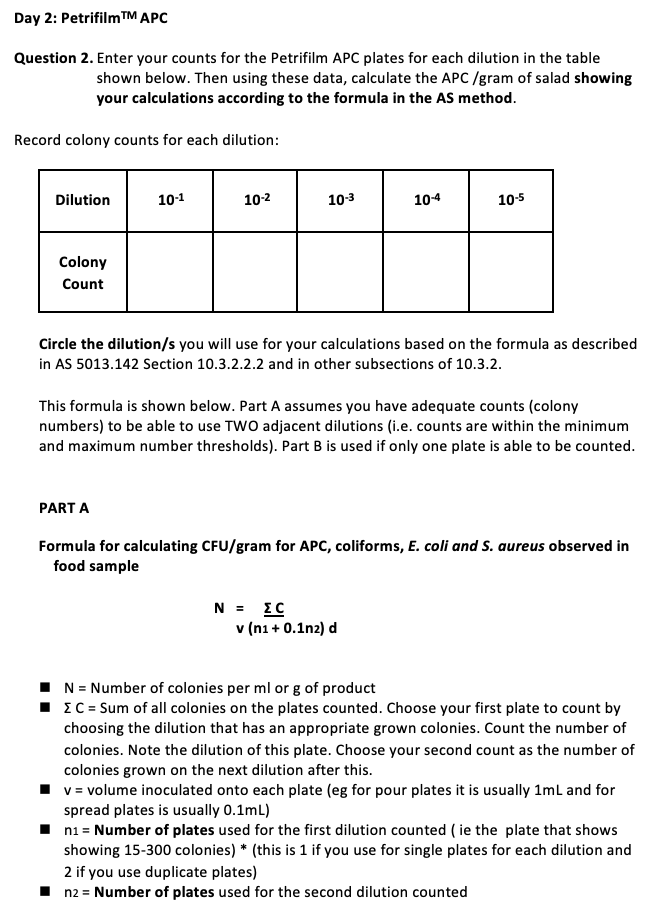 Day 2: PetrifilmTM APC Question 2. Enter your counts | Chegg.com