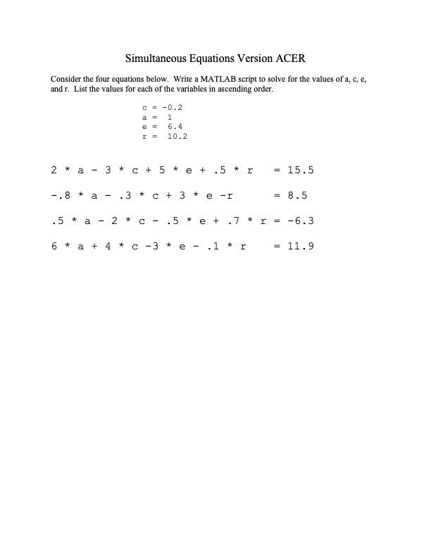 Solved Simultaneous Equations Version ACER Consider the four | Chegg.com