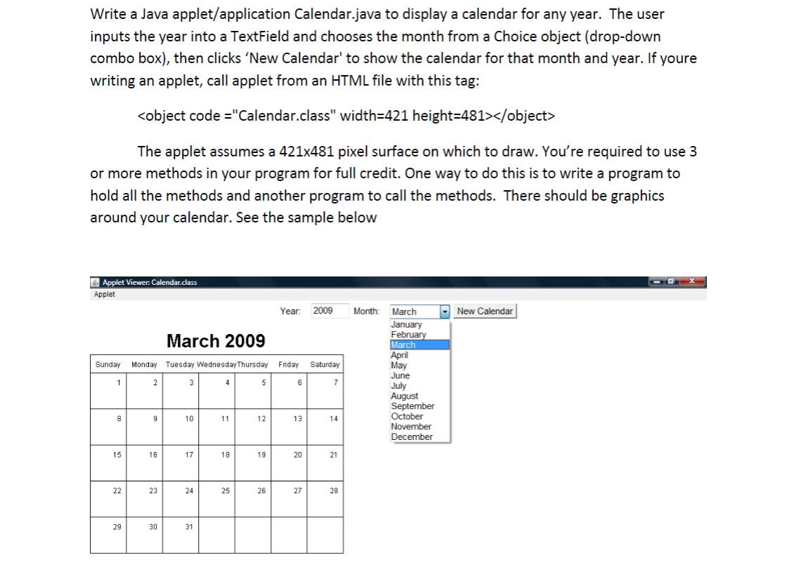 Solved Write a Java applet/application Calendar.java to | Chegg.com