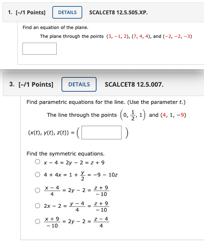 Solved 1. [-/1 Points] DETAILS SCALCET8 12.5.505.XP. Find an | Chegg.com