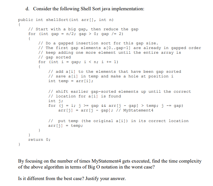 Solved D Consider The Following Shell Sort Java