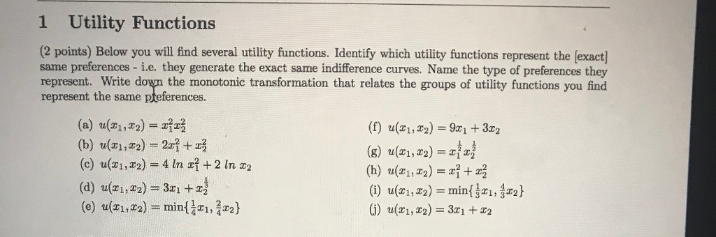 Solved 1 Utility Functions (2 points) Below you will find | Chegg.com