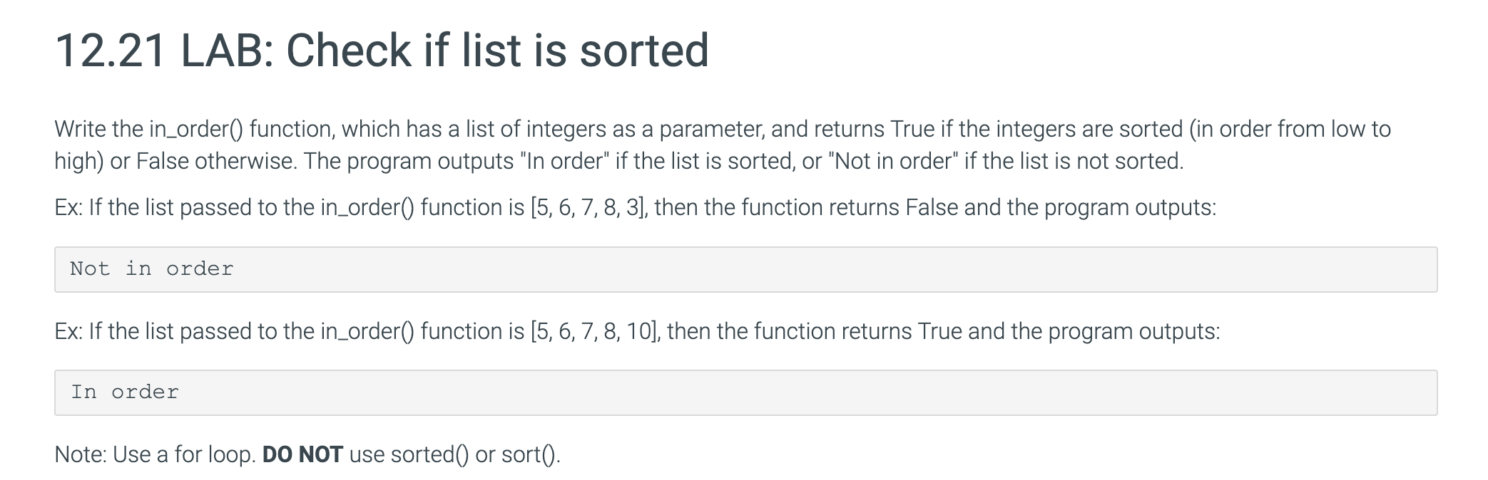Solved 12 21 LAB Check If List Is Sorted Write The Chegg
