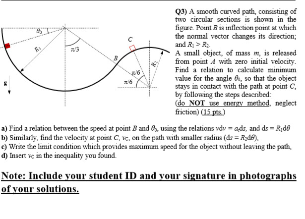 Solved Q3) A smooth curved path, consisting of two circular | Chegg.com
