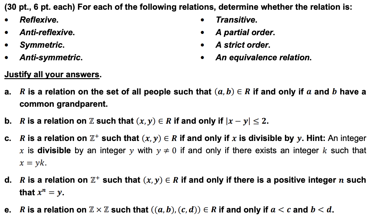 Solved . (30 pt., 6 pt. each) For each of the following | Chegg.com