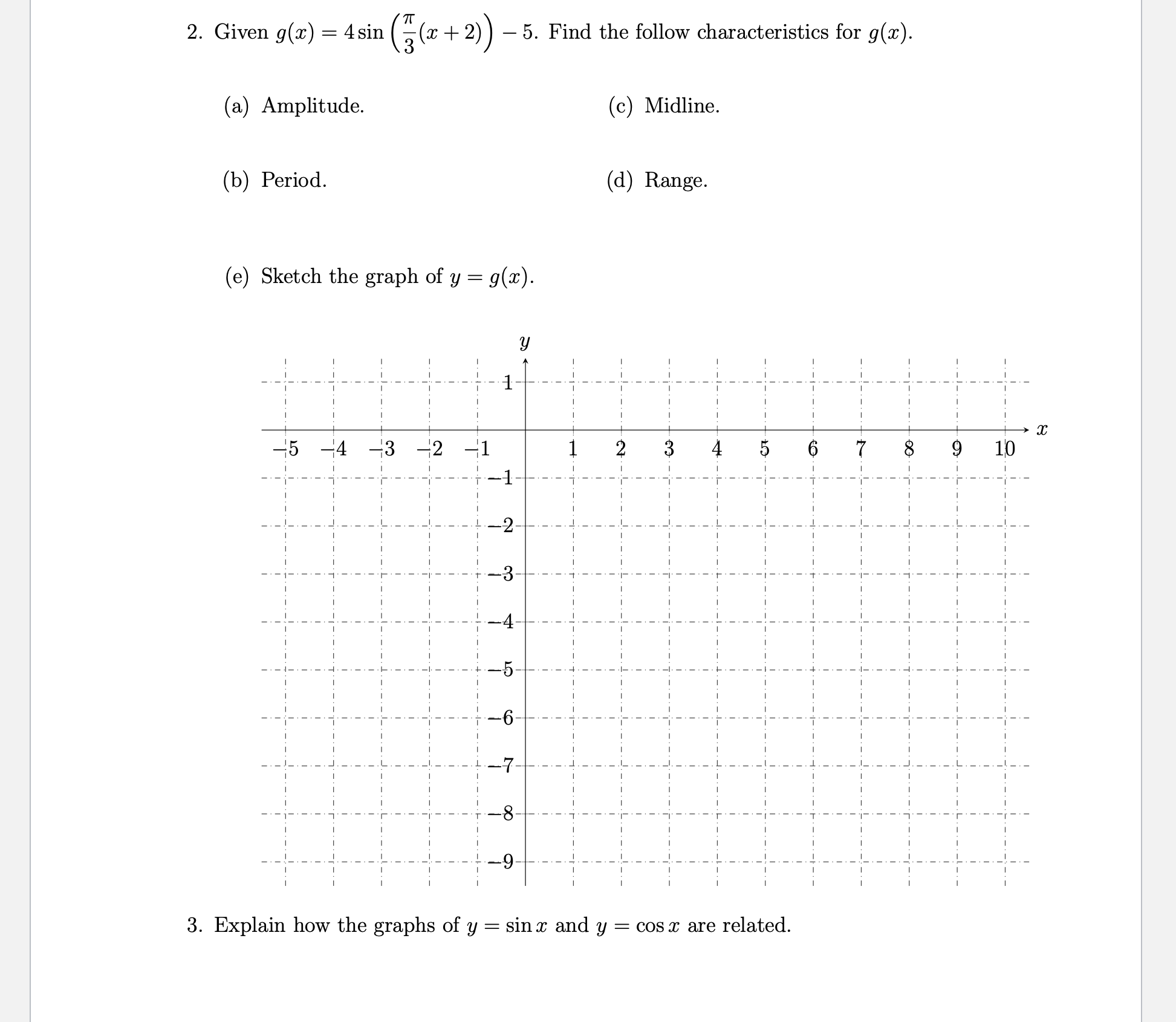 Solved Given g(x)=4sin(π3(x+2))-5. ﻿Find the follow | Chegg.com