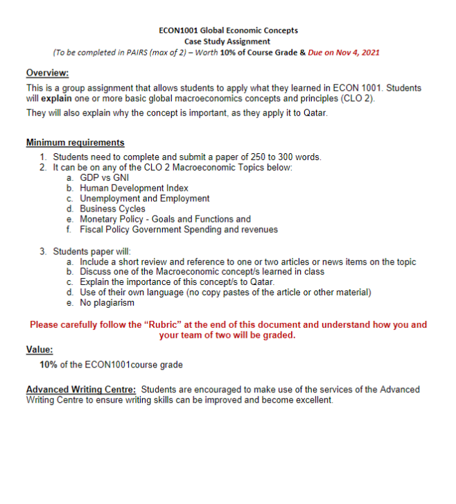 Solved ECON1001 Global Economic Concepts Case Study | Chegg.com