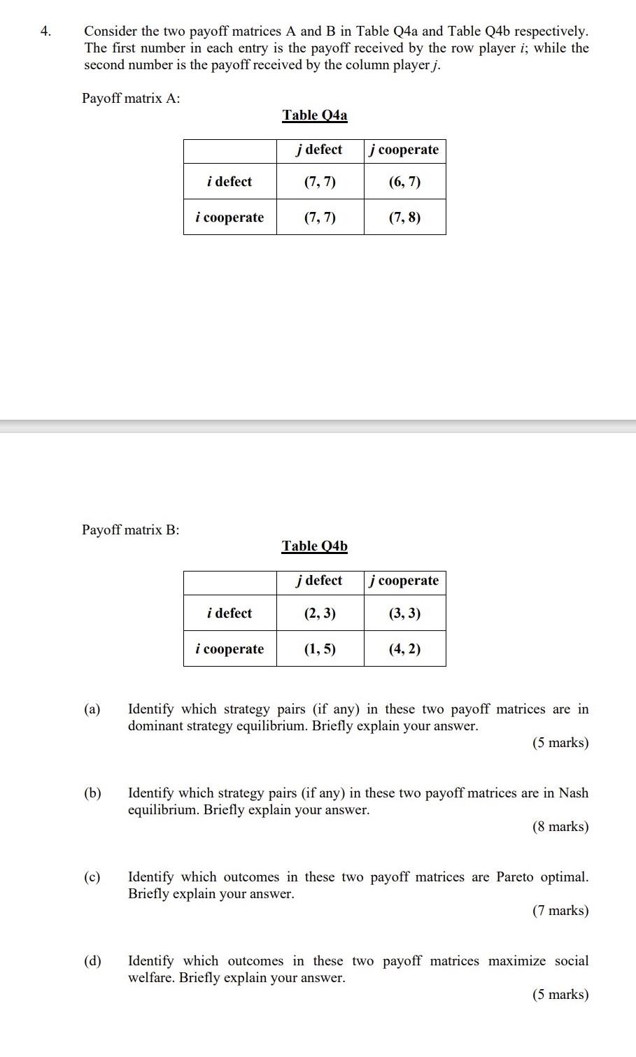 4. Consider the two payoff matrices A and B in Table | Chegg.com