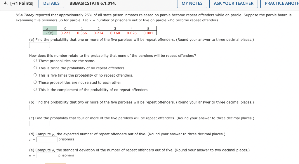 Solved examining five prisoners up for parole. Let x= number | Chegg.com