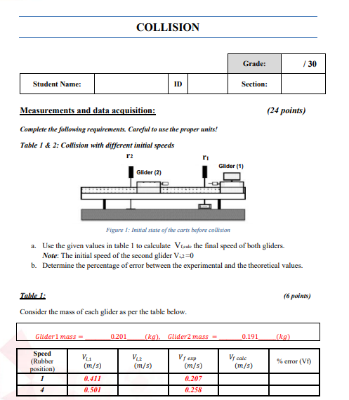COLLISION Grade: /30 Student Name: ID Section: (24 | Chegg.com