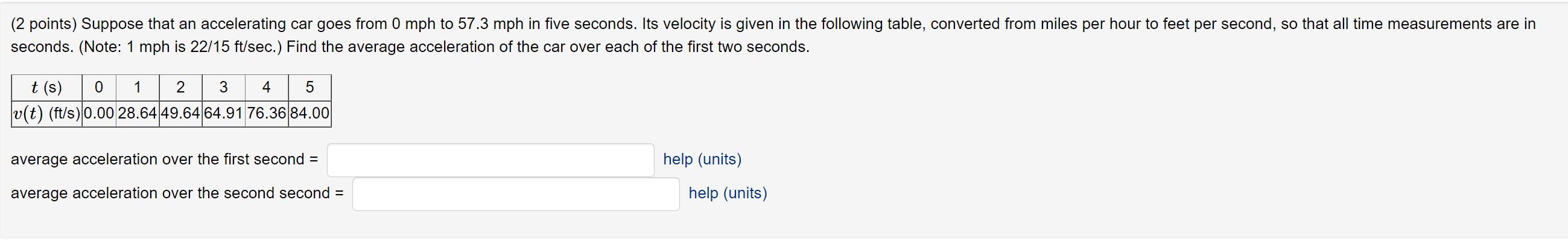 Solved (2 points) Suppose that an accelerating car goes from | Chegg.com