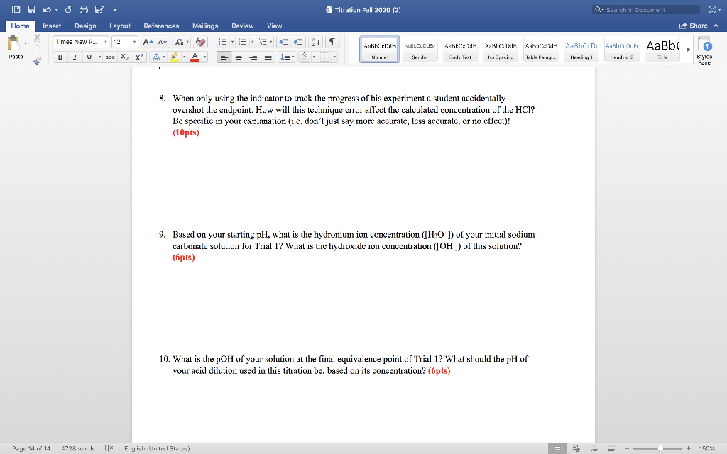 Solved Titration Fall 2020 (2) Q Search in Document Home | Chegg.com