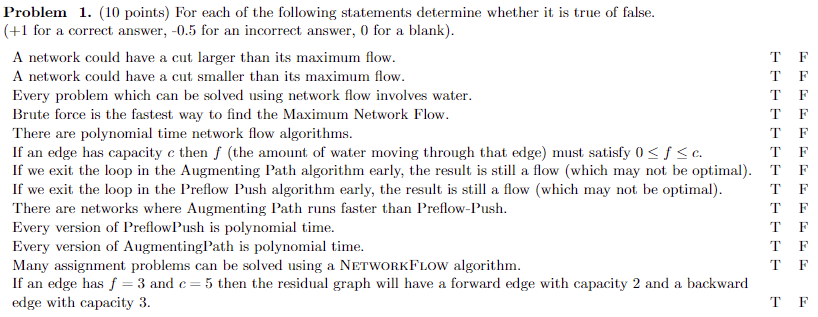 Solved F F F F F Problem 1. (10 points) For each of the | Chegg.com