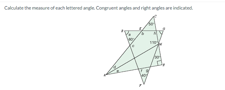 Calculate the measure of each lettered angle. | Chegg.com