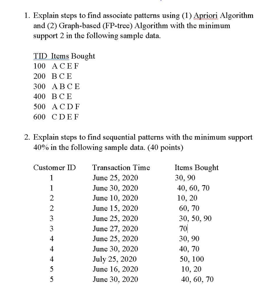 Solved 1. Explain steps to find associate patterns using (1) | Chegg.com