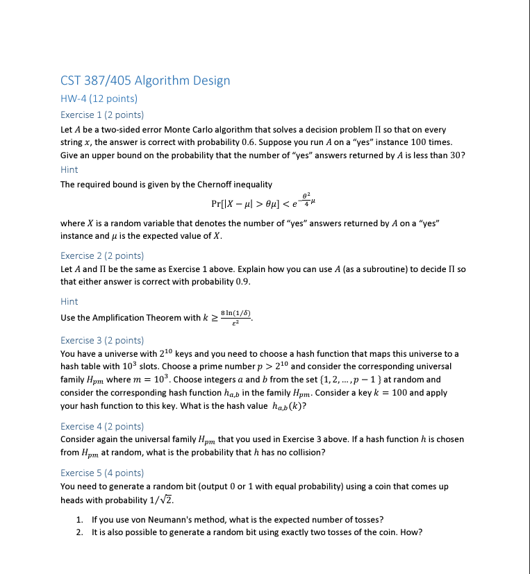 Solved by an EXPERT CST 387405 ﻿Algorithm DesignHW-4 (12 ﻿points)Exercise | Chegg.com