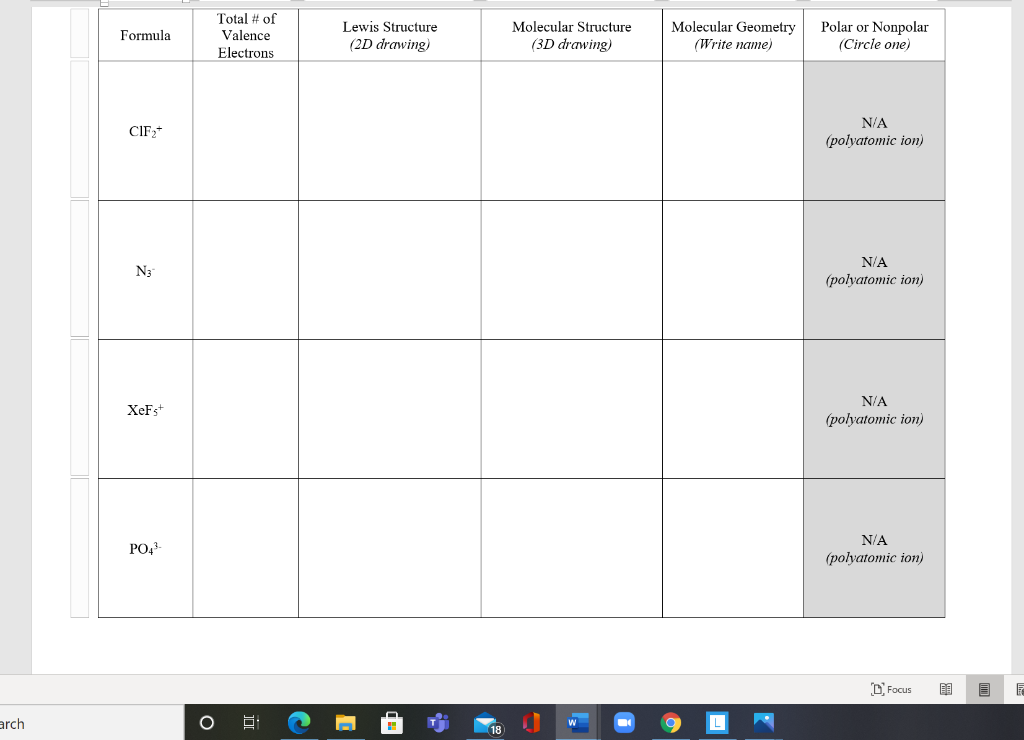 Solved Formula Total # of Valence Electrons Lewis Structure | Chegg.com