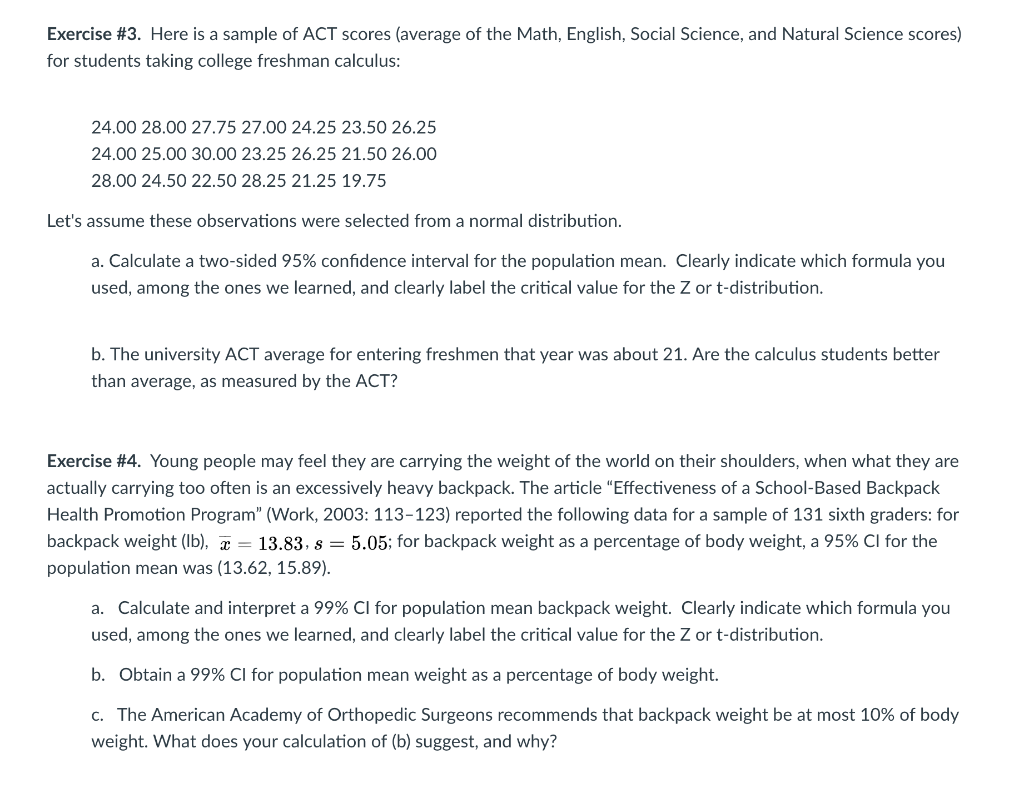 Solved Exercise #3. Here is a sample of ACT scores (average | Chegg.com