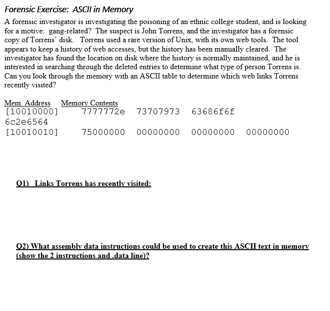 Forensic Exercise: ASCII in Memory A forensic | Chegg.com