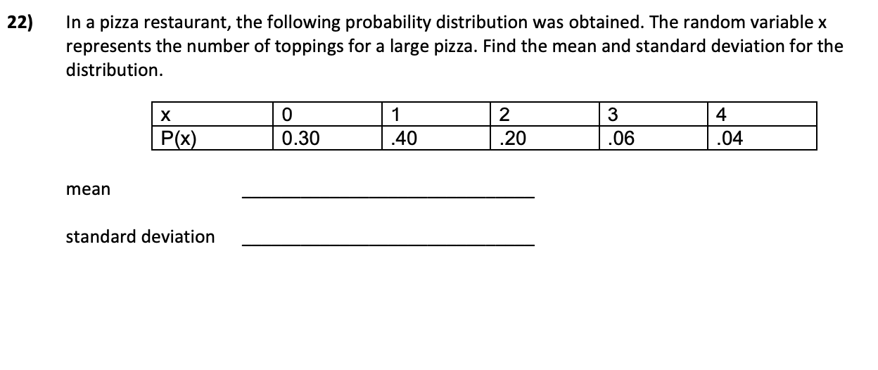 Solved 22) In a pizza restaurant, the following probability | Chegg.com