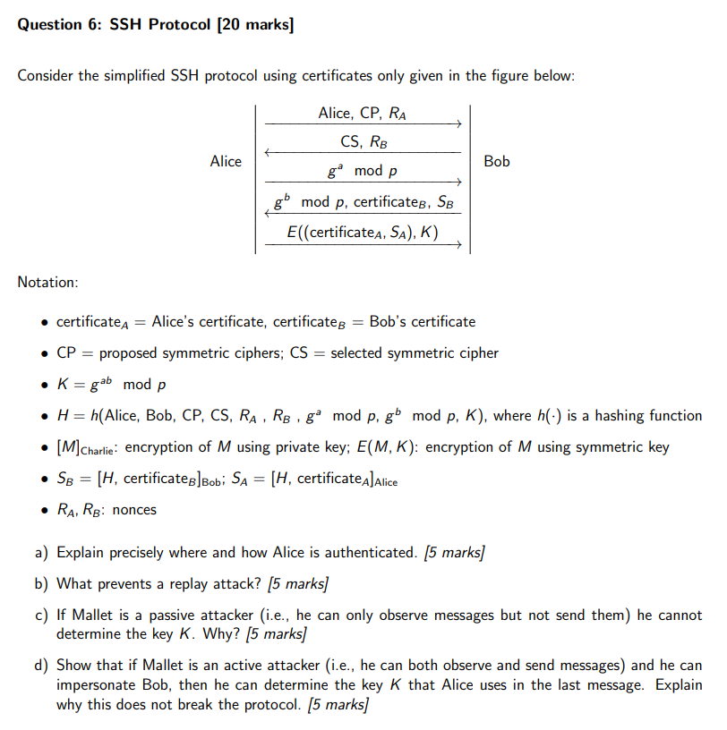 Solved Consider the simplified SSH protocol using | Chegg.com