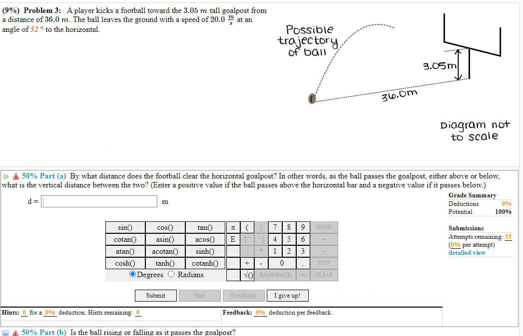 Solved (9\%) Problem 3: A player kicks a football toward the | Chegg.com