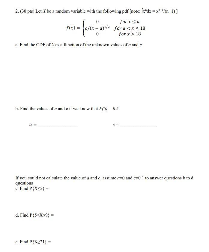 Solved 2. (30 pts) Let X be a random variable with the | Chegg.com