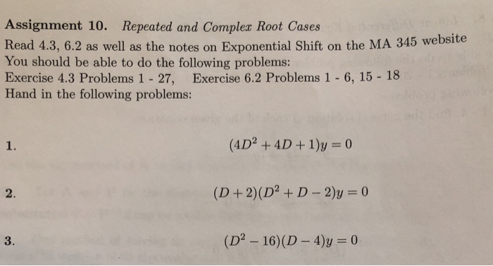 Solved Assignment 10. Repeated and Complea Root Cases Read | Chegg.com