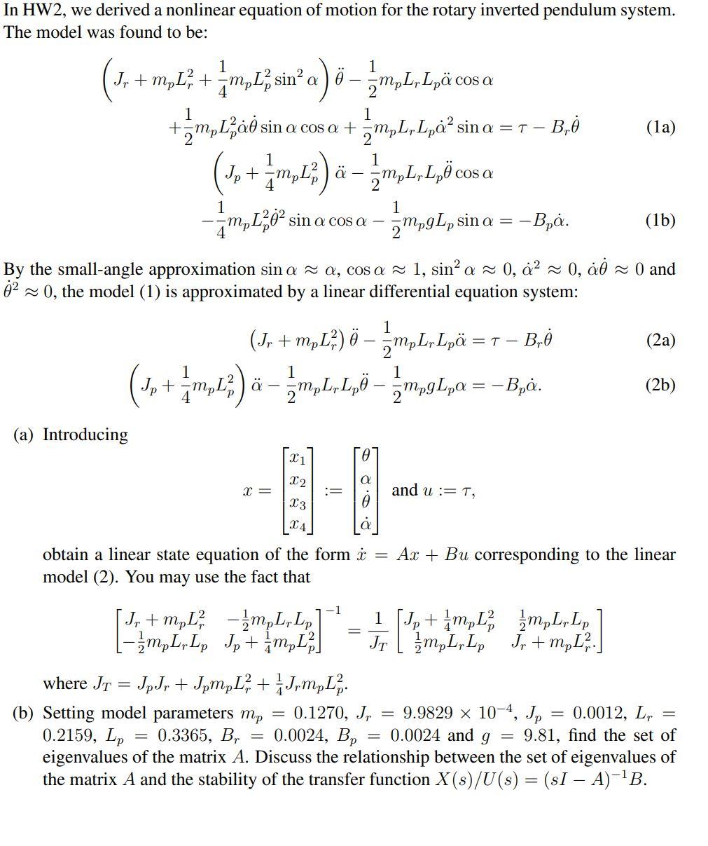 Solved In HW2, we derived a nonlinear equation of motion for | Chegg.com