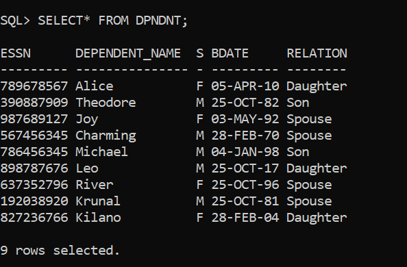 Solved SQL> SELECT*FROM EMPL; FNAME M LNAME SSN BDATE | Chegg.com