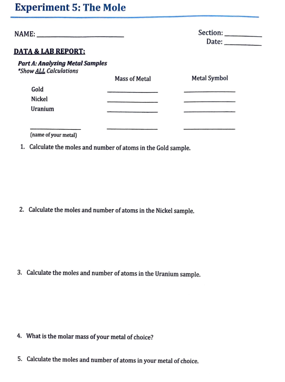 Experiment 5: The Mole NAME: Section: Date: DATA & | Chegg.com